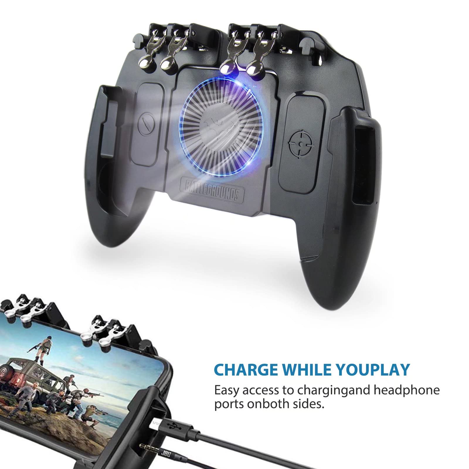 Acupress Mobile Game Controller w/Silent Cooling Fan/Phone Holder/Finger Sleeves for PUBG/Fortnite Fits for all Phones Within 4.7-6.5 Inches(Phone Controller for iOS/Android)