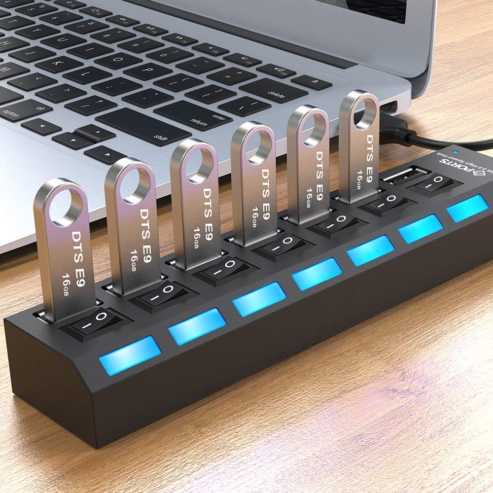 barsone Multi Port USB Hub Splitter, 7-Port USB 2.0 Hub for Laptop, USB Port Expander with On/Off Individual Switch Compatible for All USB Device