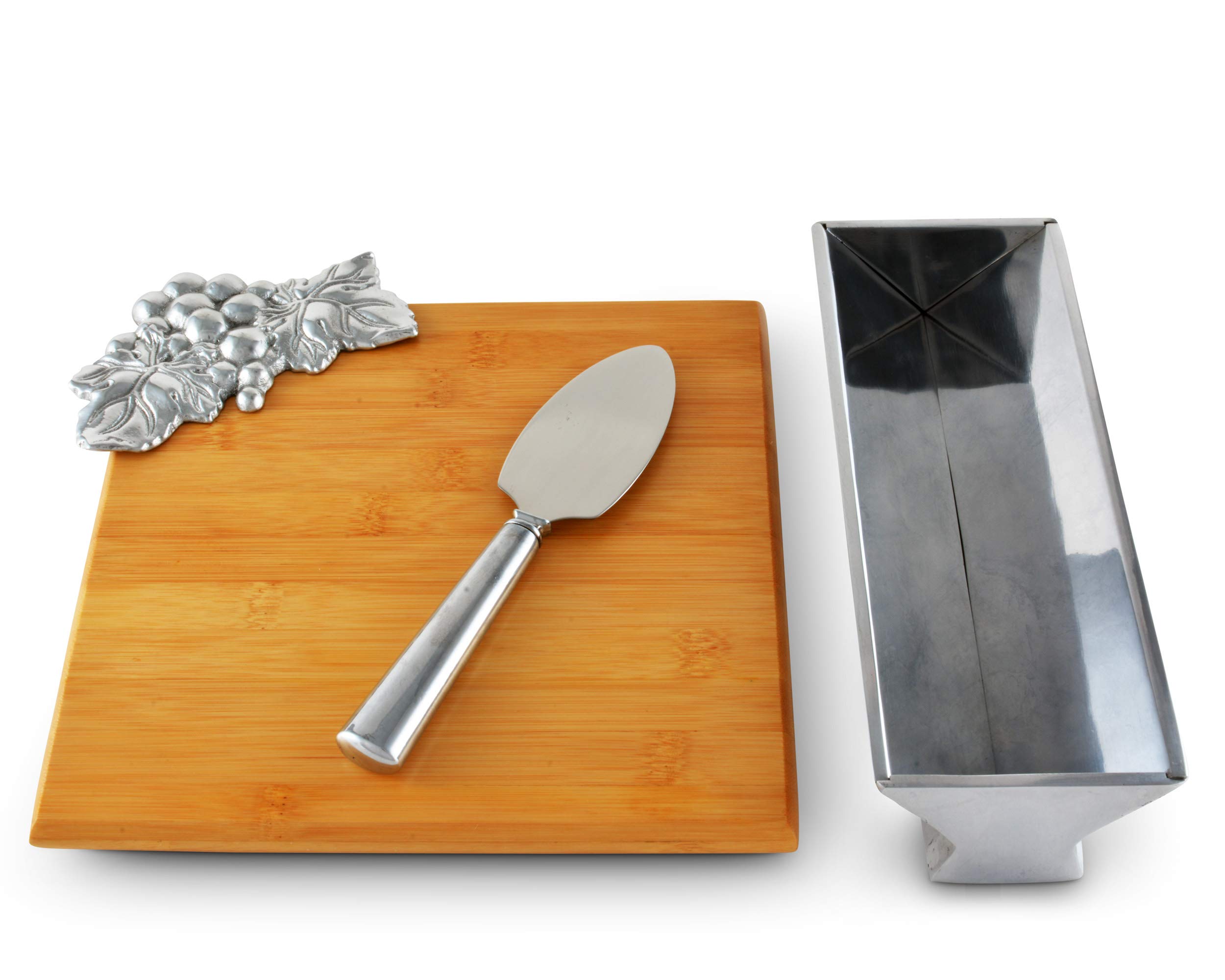 Arthur Court Designs Bamboo Cheese Board with Aluminum Grape Accent Cracker Tray and Spreader 8.5 inch x 8.5 inch board