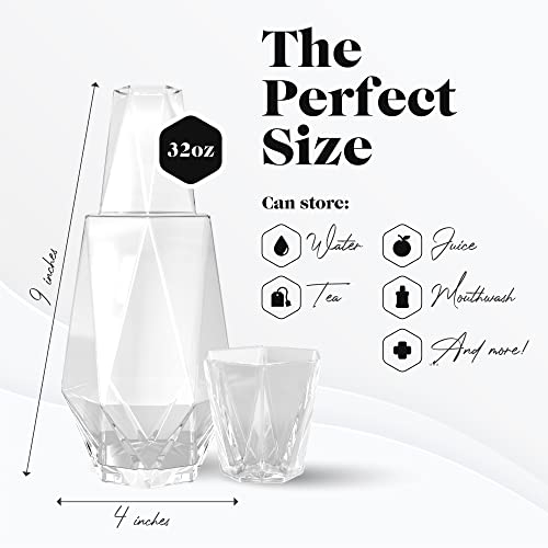Fifth Avenue Crystal Modern Geometric Bedside Water Carafe with Tumbler- Elegant Pitcher and Matching Drinking Glass Doubles As Lid for Guest Room, Office (Clear)