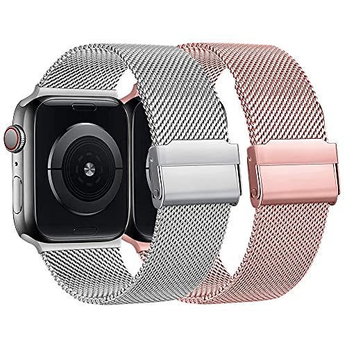 2Pack Magnetic Band Compatible with Apple Watch 38/40/41/42/44/45mm,Steel Mesh Strap Loop Replacement for iWatch SE iWatch Series 8/7/6/5/4/3/2/1 Women Men(Sliver+Champagne gold,38mm 40mm)