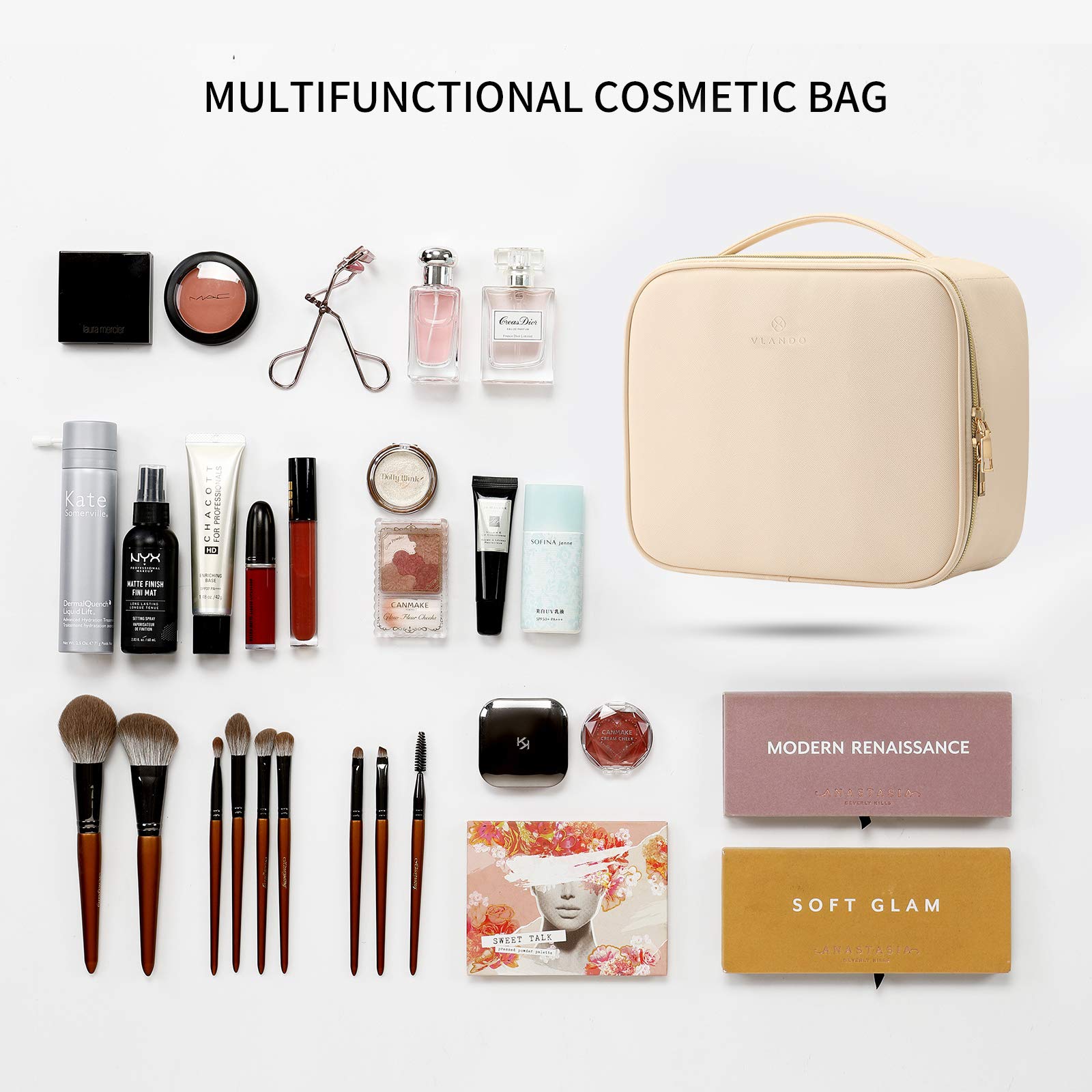 Vlando Makeup Bag,Gifts for Women Travel Makeup Bag Organizer Leather Make up Storage Bag for Women Adjustable Dividers Make up Brushes Case for Valentine's Day Birthday-white