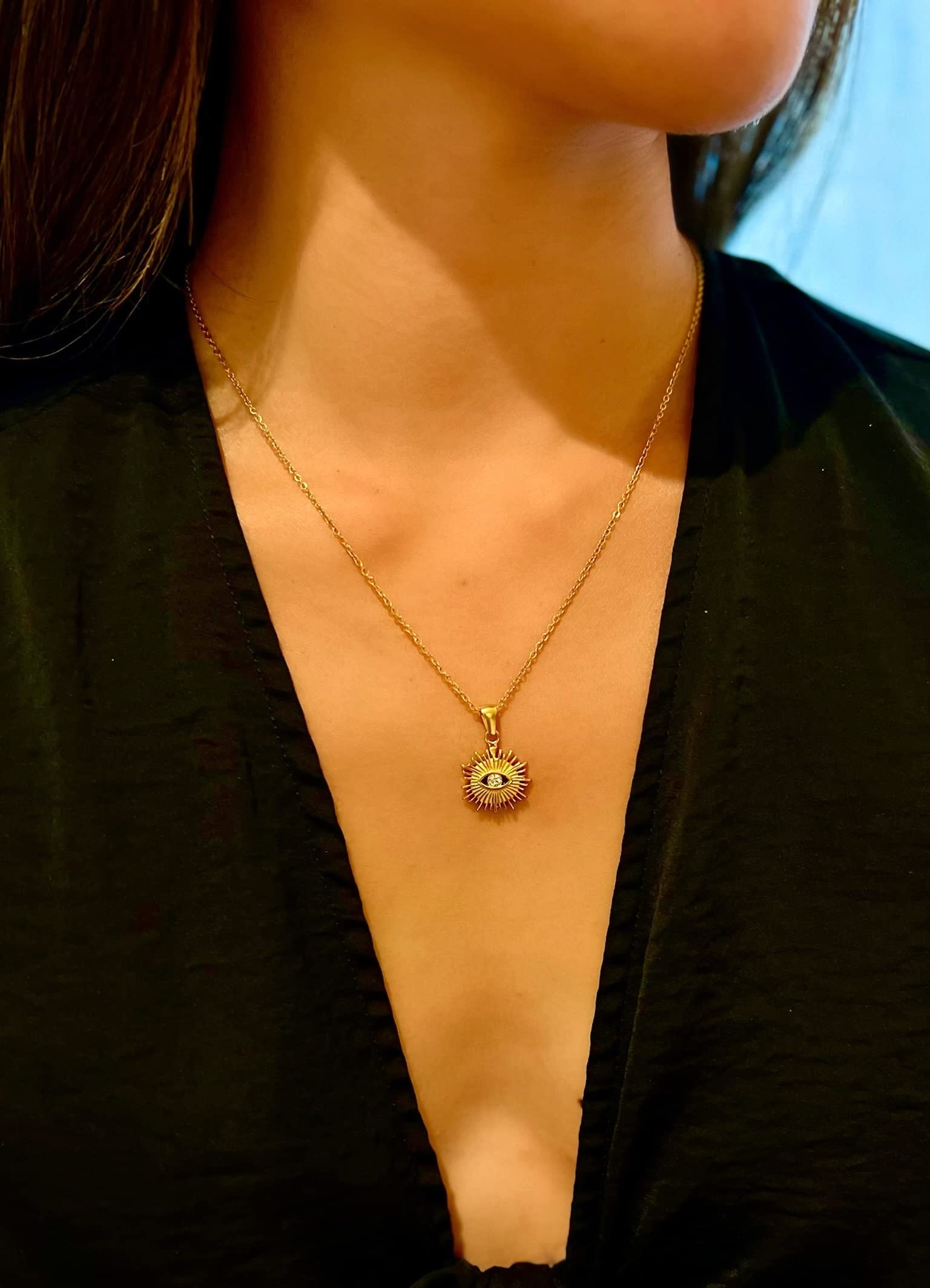 18K Gold Plated Evil Eye Zircon Sunburst Pendant Necklace Dainty Chain Jewelry for Women