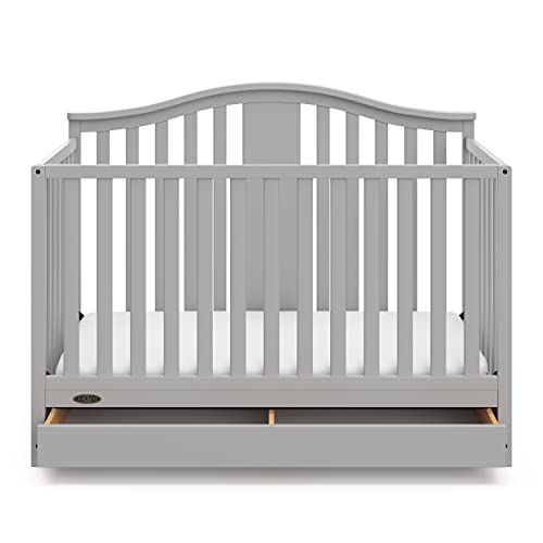 Graco Solano 4-in-1 Convertible Crib with Drawer (Pebble Gray) – GREENGUARD Gold Certified, Crib with Drawer Combo, Includes Full-Size Nursery Storage Drawer, Converts to Toddler Bed and Full-Size Bed