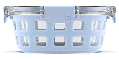 Ello Duraglass Meal Prep Container, 4 Cup- Glass Food Storage Container with Silicone Sleeve and Airtight BPA-Free Plastic Lid, Dishwasher, Microwave, and Freezer Safe, Halogen Blue