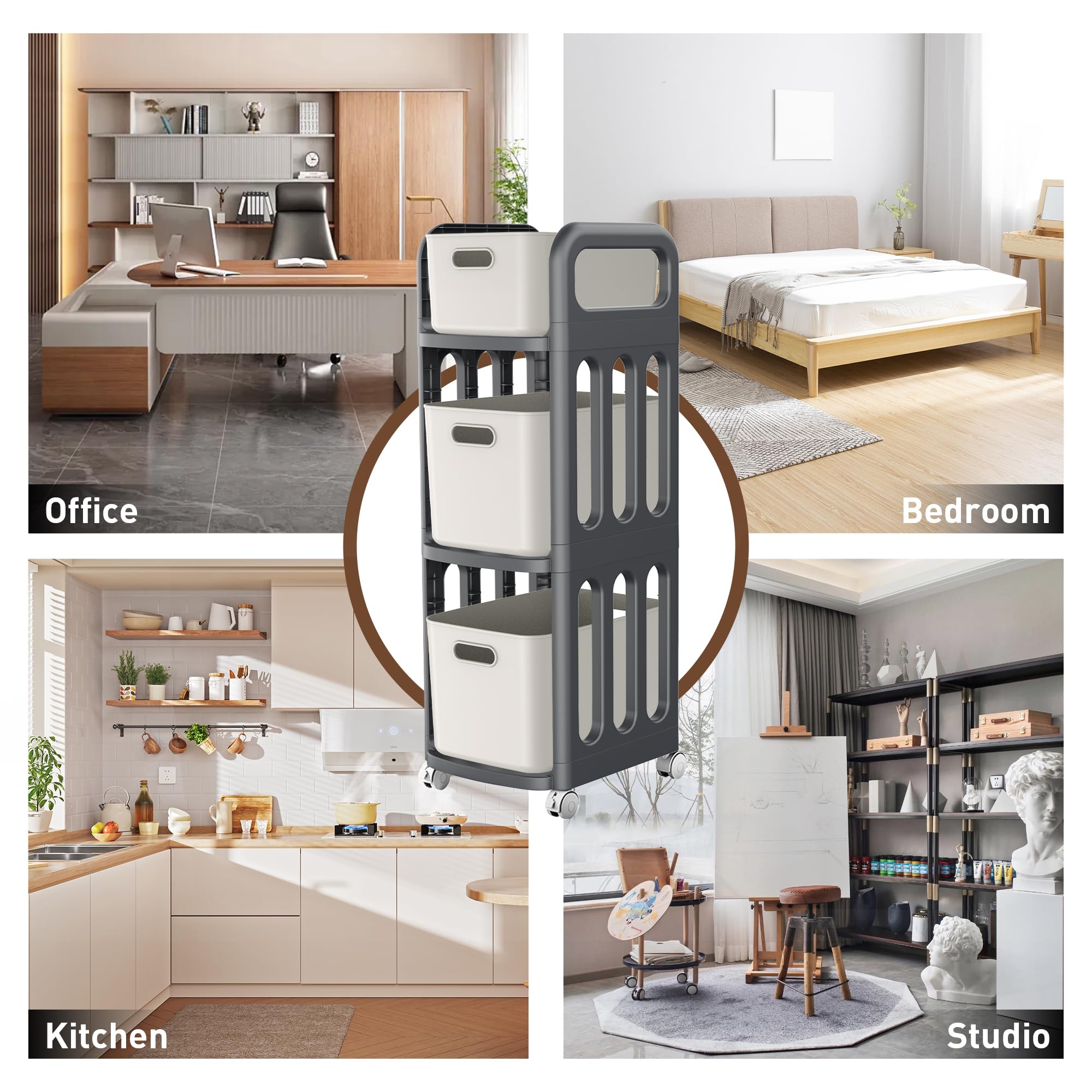 3-Drawer Storage Organizer Rolling Cart, 34β Tall Easy to Assemble Bathroom Organizers and Storage with Wheels, Vertical Storage Organizer Unit for Kitchen Bedroom Dorm Classroom Office