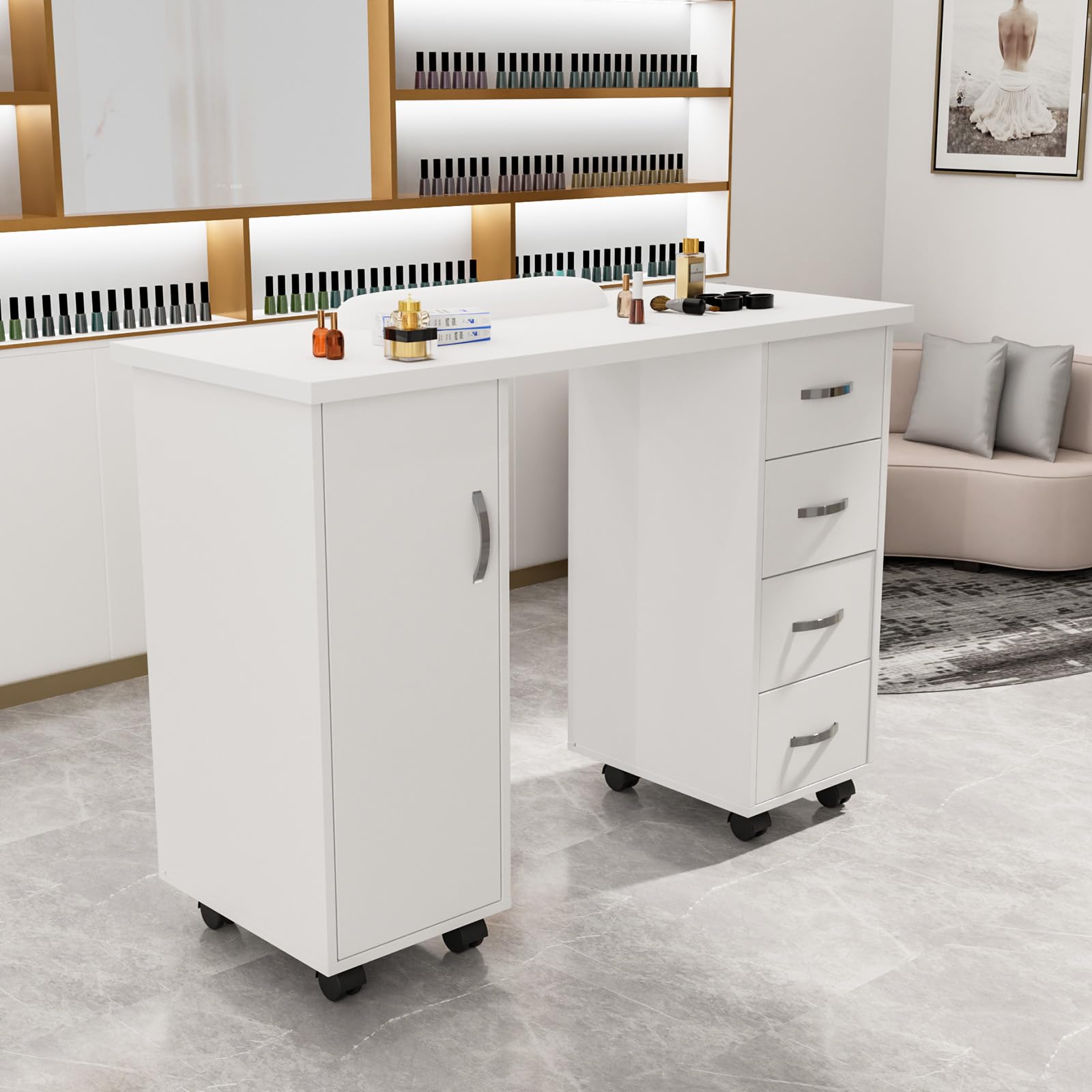 mefeir Manicure Table Nail Desk w/Cabinet, Drawers, Wheels & Wrist Rest, Spa Salon Beauty Home Wooden Technician Workstation Nail Art Equipment for Nail Tech