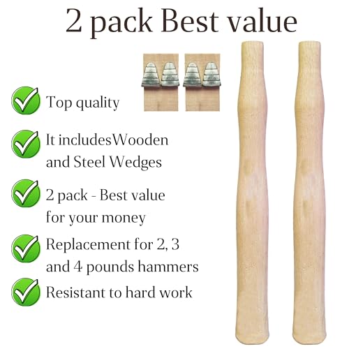 2 pack Wood Sledge hammer handle replacement for 2, 3 and 4 lb Complete Set with Wooden and Steel Wedges - Wood replacement ball pien hammer handle - Wood tool handle - Wooden handle hammers in bulk