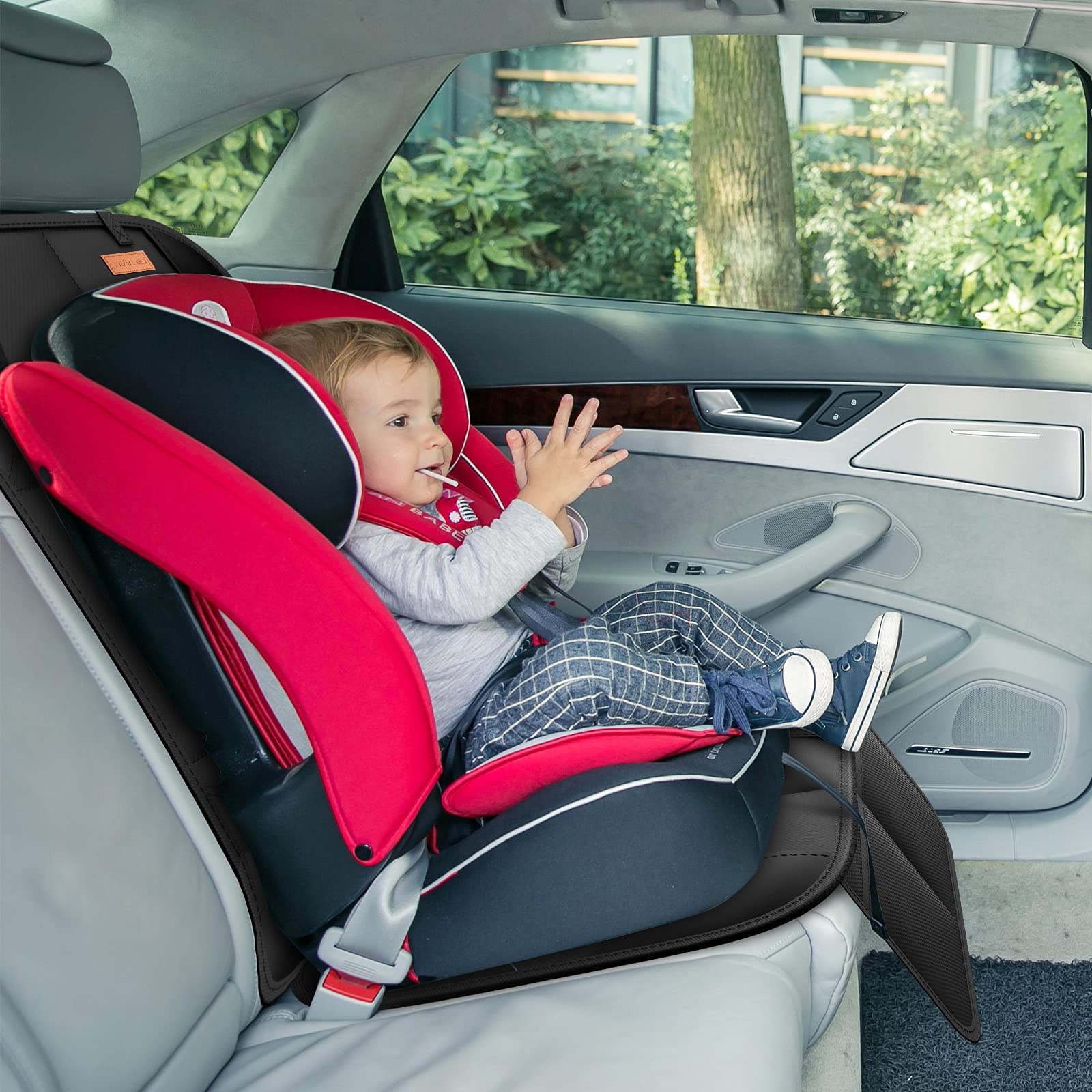 Car Seat Protector, [1 Pack] Large Auto Car Seat Protectors for Child Seats with Thickest Padding and Non-Slip Backing Mesh Pockets for SUV, Sedan, Truck, Leather and Fabric Car Seat - Black