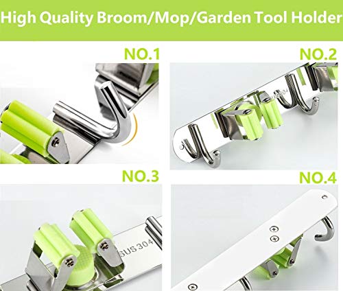 Fine Most Mop and Broom Holder Wall Mounted Storage Organizer Broom Holder Stainless Steel Mop Holder Utility Tool Organizers with 3 Position 4 Hooks for Laundry Room Garden Garage Closet Kitchen