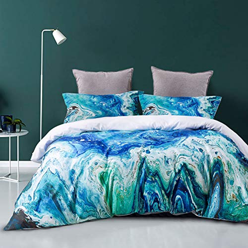 HYPREST Aqua Blue Duvet Cover Set Queen Size,3 Pcs Soft Cooling Aesthetic Duvet Cover with Ties and Zipper,Ocean Beach Themed Bedding Duvet Covers Queen,Oeko-TEX Certificated
