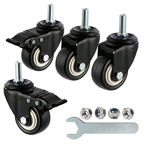 2" Stem Caster Wheels Heavy Duty Threaded Swivel Caster Wheel No Noise Swivel Castors for Trolley, Workbench, Furniture, 440 Lbs Load Capacity Set of 4 (2 with Brake & 2 Without)