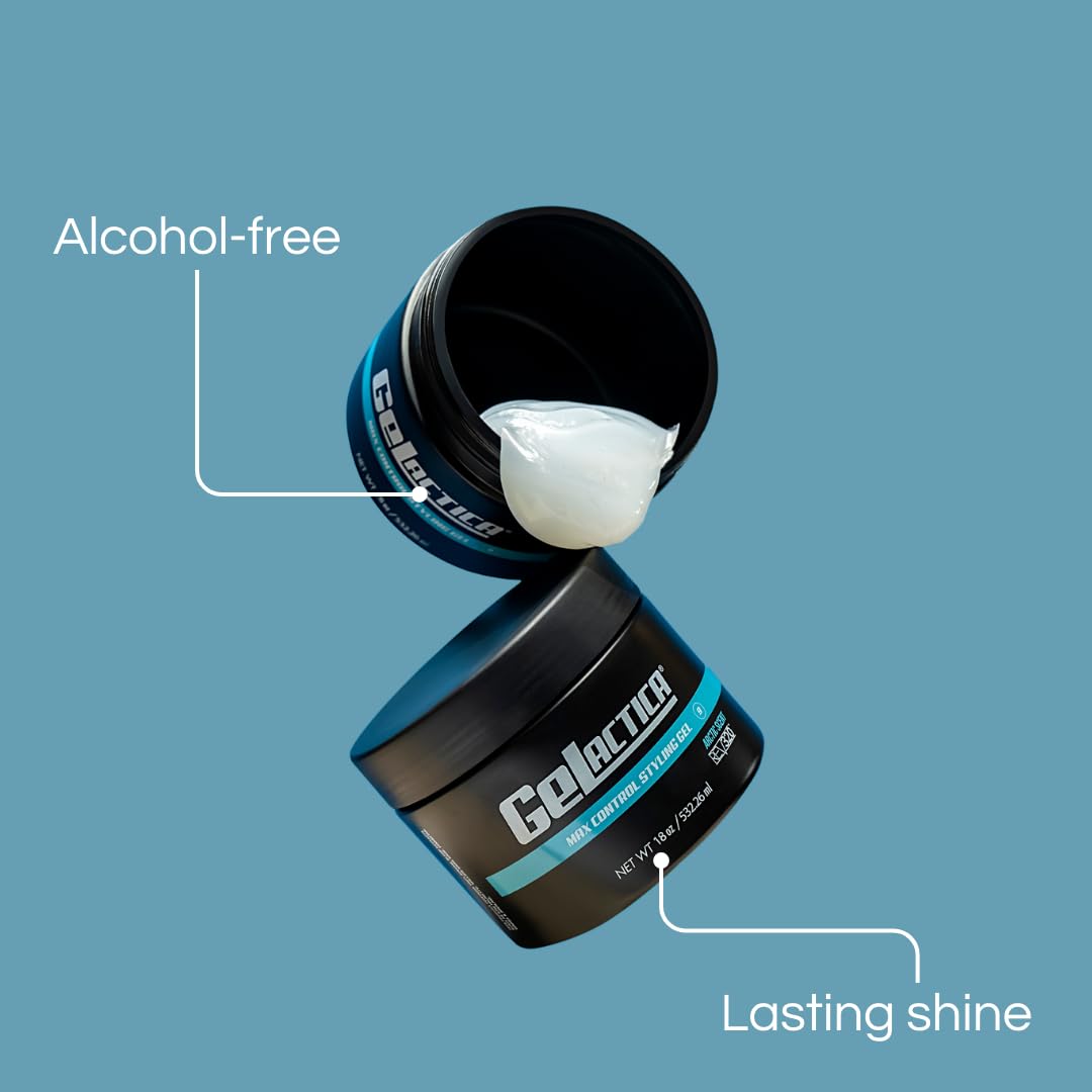 Gelactica Max Control Hair Gel for Men, Alcohol-Free, Strong Hold Styling Gel, Natural Extracts for Long-Lasting Hold and Shine, Slick Back Hair Style 32 Oz