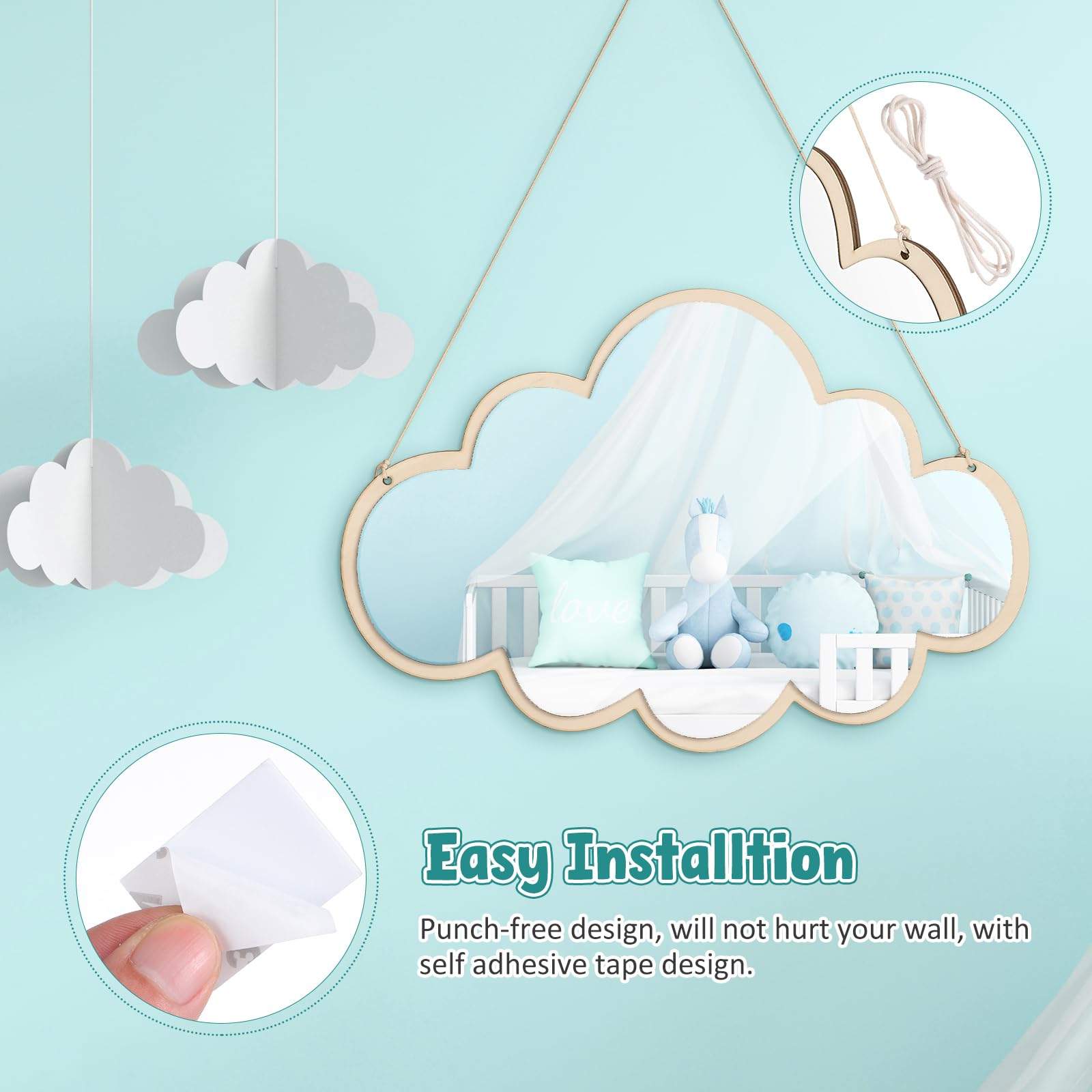 Mirror Cloud Wooden Mirror Cartoon Safety Shatterproof Mirror Wall Sticker Nordic Bedroom Nursery Decoration Mirror