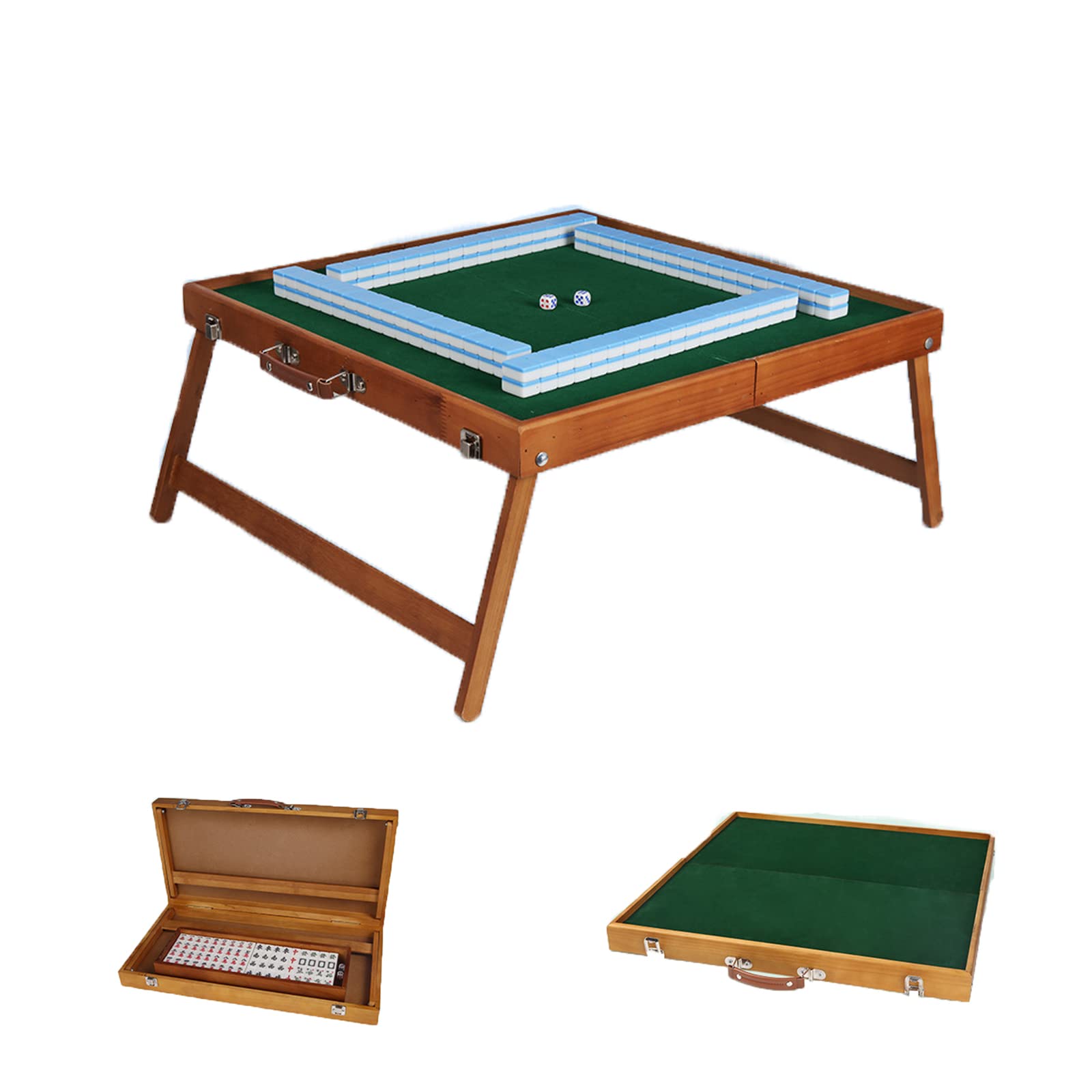 19.7" Square Foldable 4 Person Mahjong Table with 144 Mini Mahjong Tiles and Solid Wood Tile Box Chinese Mahjong Game Set with 4 Dice and Putter for Playing Mahjong Poker Puzzle Dominoes (Blue)