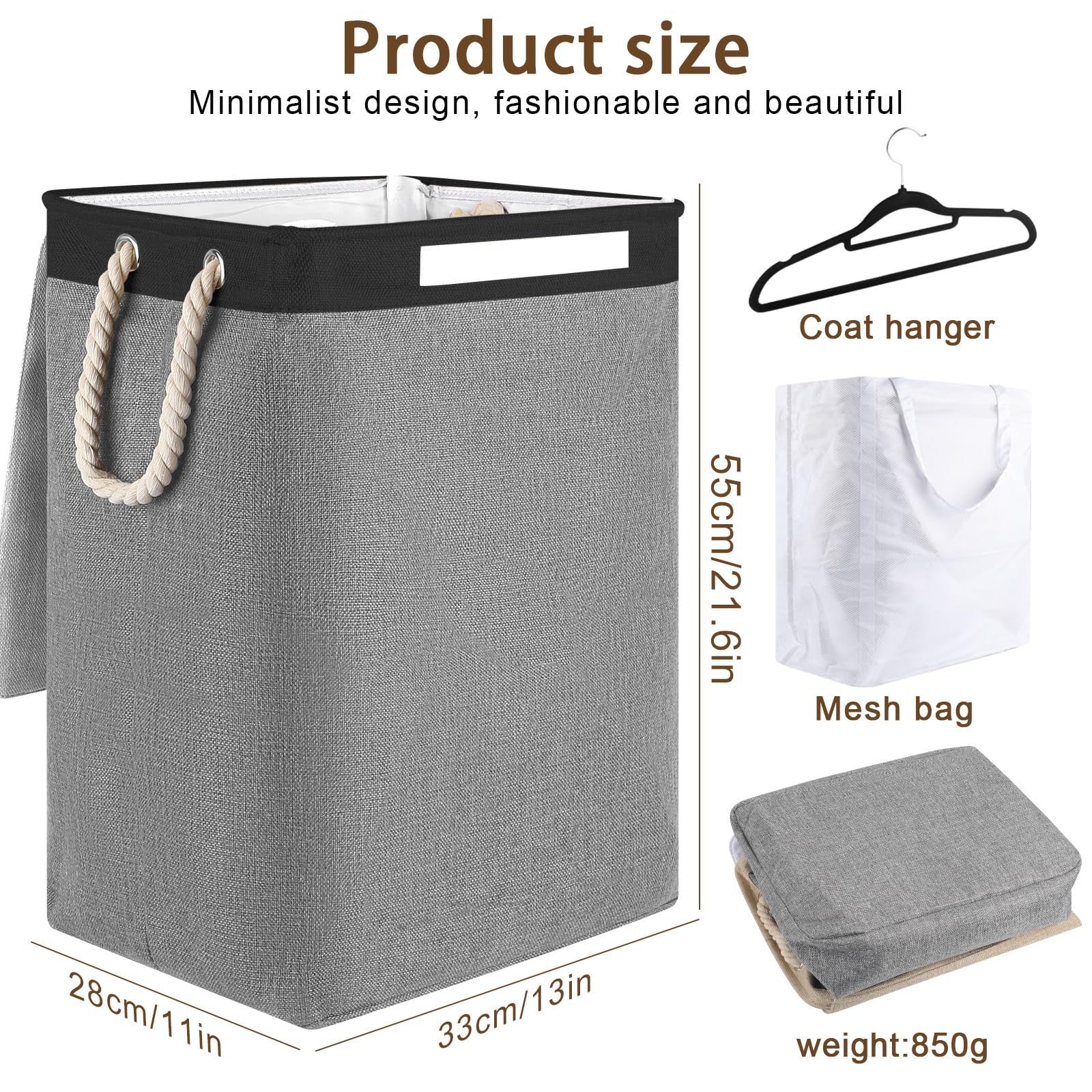 2 Pack Large Laundry Hampers with Lid, Collapsible Laundry Baskets with 2 Bags and 5 Hangers, Foldable Laundry Basket, Portable Clothes Hamper Laundry Basket Organizer for Bathroom, Bedroom, College