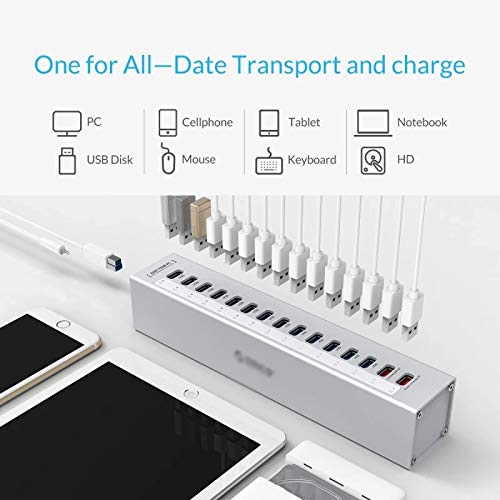SHYPT Aluminum 13 Port Multi USB3.0 HUB Splitter with 12V/5A Independent Power Supply 2 Charging Port