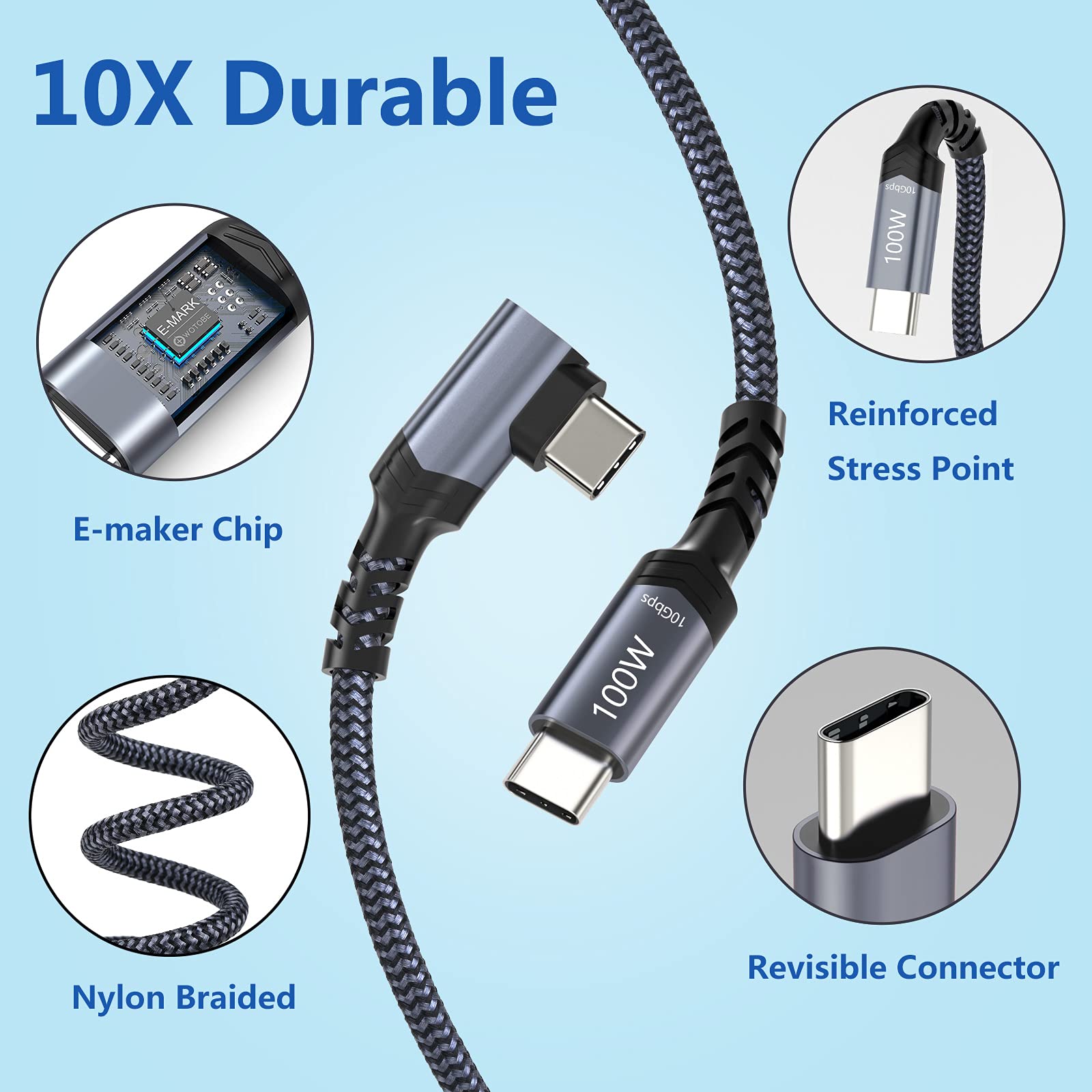 USB C to USB C Cable 100W 10ft, 90 Degree USB C 3.1 Gen2 Cable 20V/5A Fast Charging Cord 4K@60Hz Video Output 10Gbps Data Cable Compatible with MacBook, iPad, Pixelbook, Cellphones and Tablets-Black