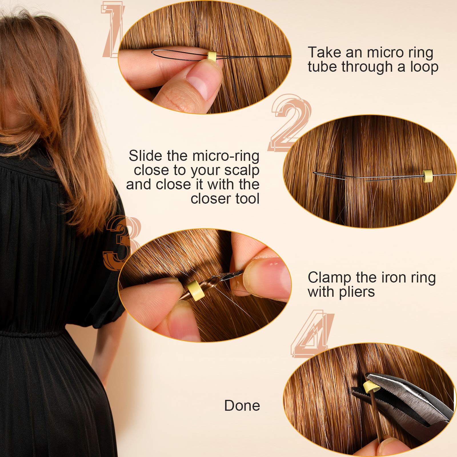 Chuangdi Sew in Hair Extension Tool Kit, 600 Silicone Lined Micro Ring Beads 1 Pliers 2 Hook Needle Pulling Loop 10 Curved Hair Needle 4 Alligator Clips 1 Comb 100 Black Mini Rubber Band
