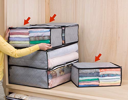 Astro Clothes Storage Bags, 3 Pack Clothes Storage Bins Foldable Closet Organizers with Activated Carbon , Breathable Material, Zipper, Clear Window for Sweaters, Coats, T-shirts, Blankets Grey, 171-01