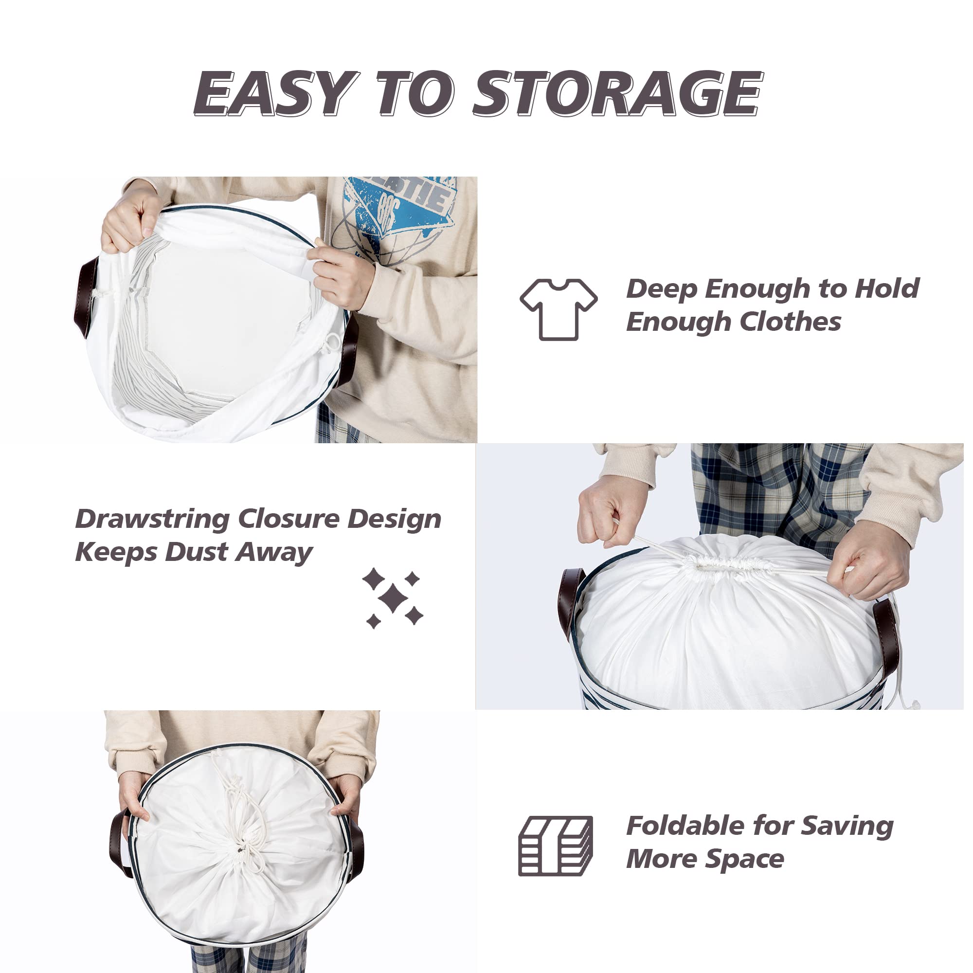 Caroeas 18.0-Inches Thicken Laundry Basket, Waterproof Large Laundry Basket Drawstring Closure, Collapsible Laundry Basket Soft Leather Handles, Laundry Hamper Easy Storage, Clothes Hamper