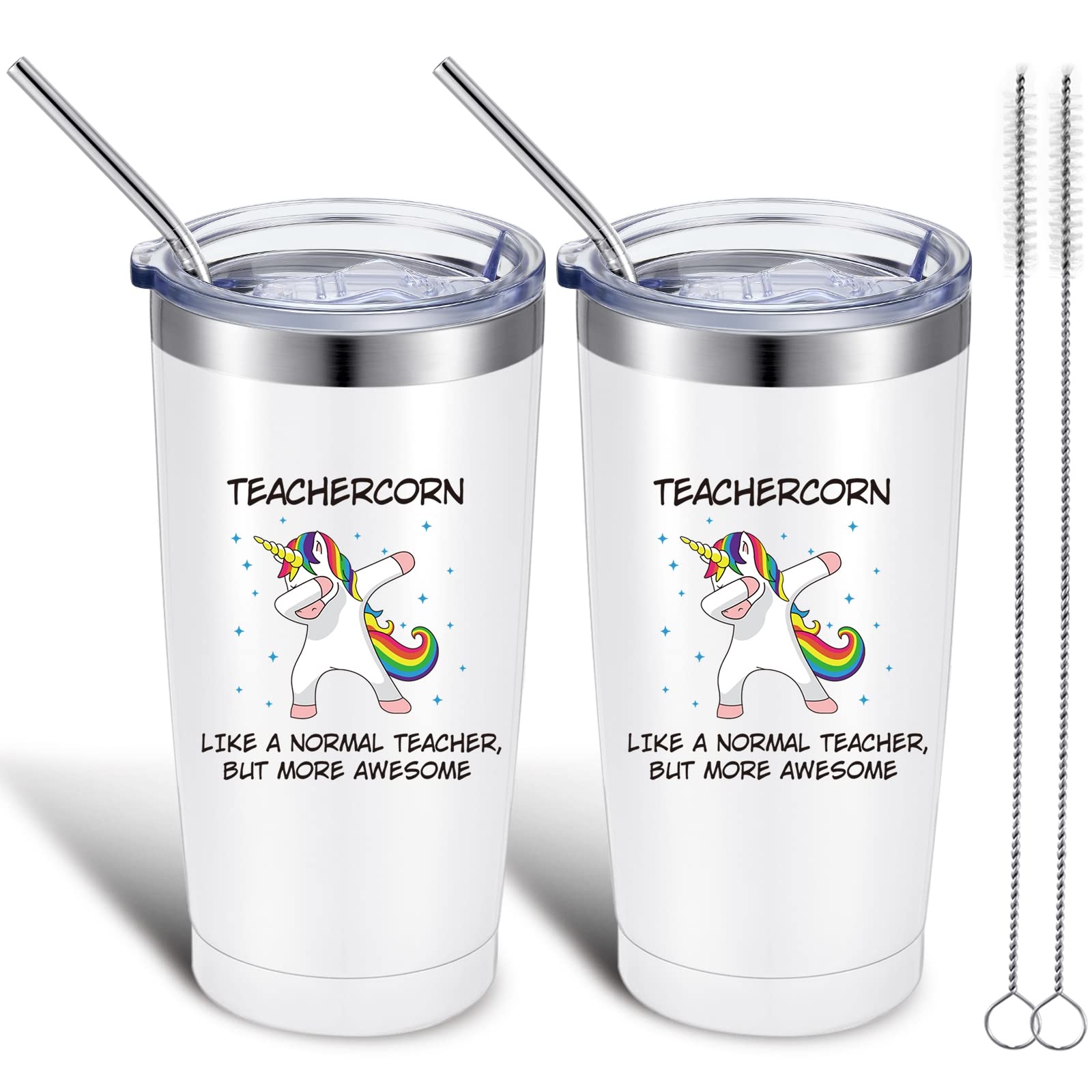 2 Pieces Teacher Unicorn Tumblers Teacher Graduation Gifts, Teacher Appreciation Gift Ideal for Teacher's Day Birthday, 20 oz Stainless Steel Travel Mugs with Lids Straws and Brushes (White)