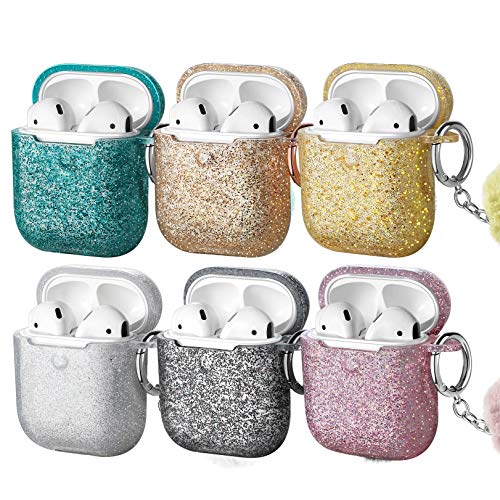 Airpods Case, DMMG Airpods Case Cover Silicone Skin, AirPods Protective Bling Glitter Case with Fluff Ball Keychain, Scratch Proof and Drop Proof for Apple Airpods 2&1
