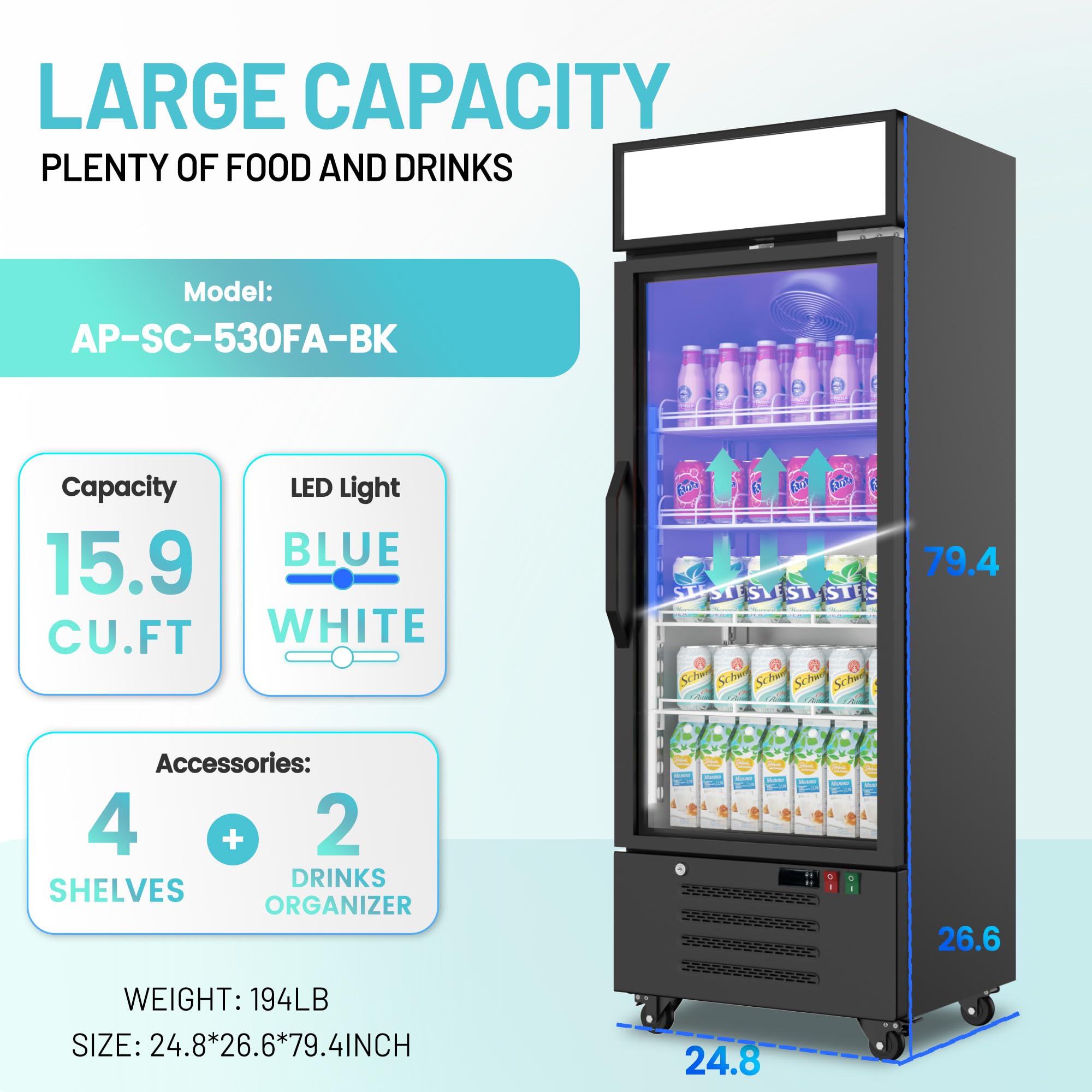 11.3 Cu. Ft Merchandiser Refrigerator 32-50°F Commercial Beverage Refrigerators Low-E Glass Door Display Cooler Aluminum Alloy Frame Upright Drink Fridge, LED Light Box Adjustable Organizer, Black