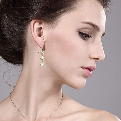 14K Yellow Gold Forever Classic Moissanite by Charles & Colvard Dangle Long 3-Stone Earrings For Women (3.00 Cttw, Gemstone Birthstone, Round 5MM, 1 Inch)