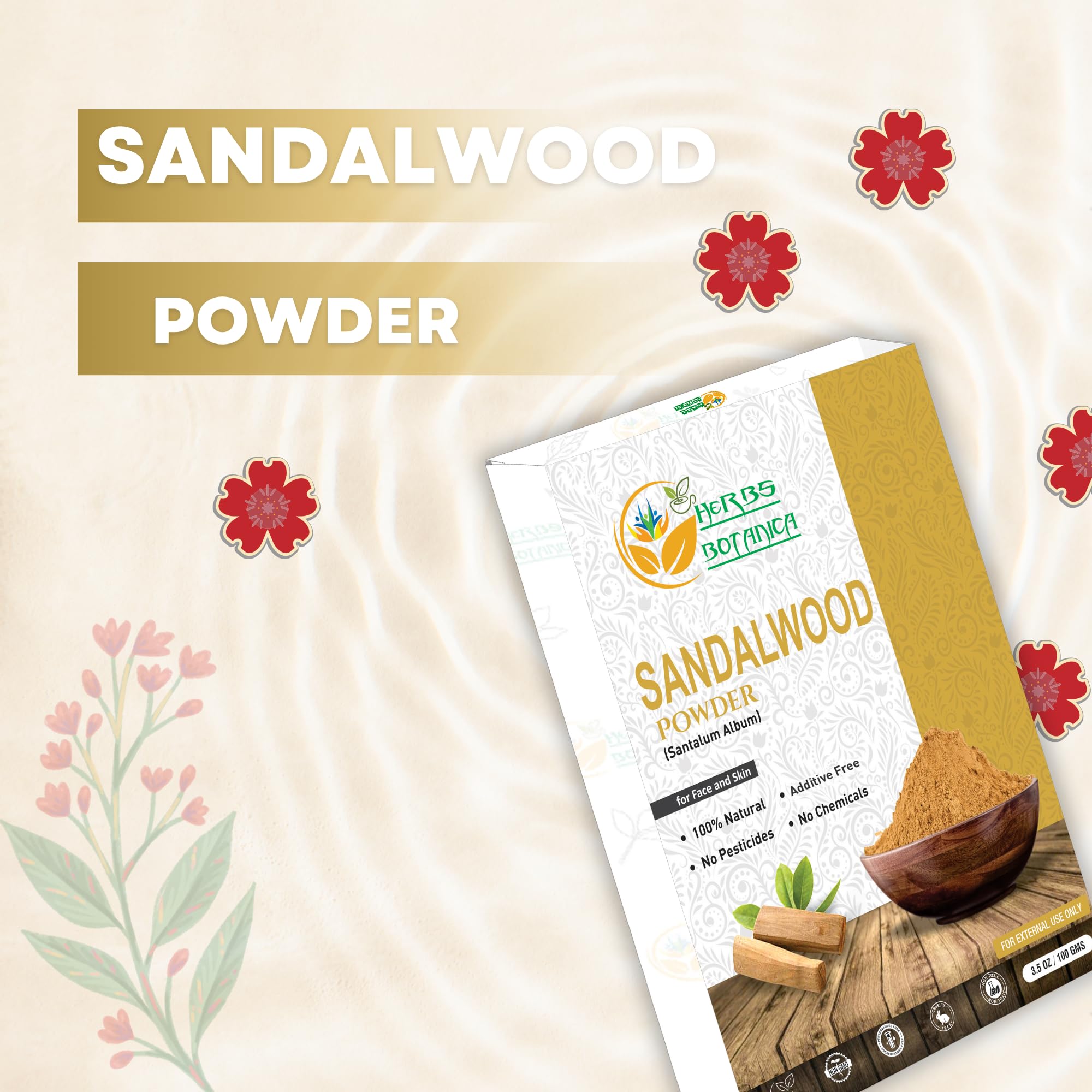Herbs Botanica Chandan Organic Sandalwood Powder, 100 gm / 3.52 oz, Face Pack & Mask, Tilak, Auspicious Occasions, Natural Cleansing & Soothing Powder for Wrinkles