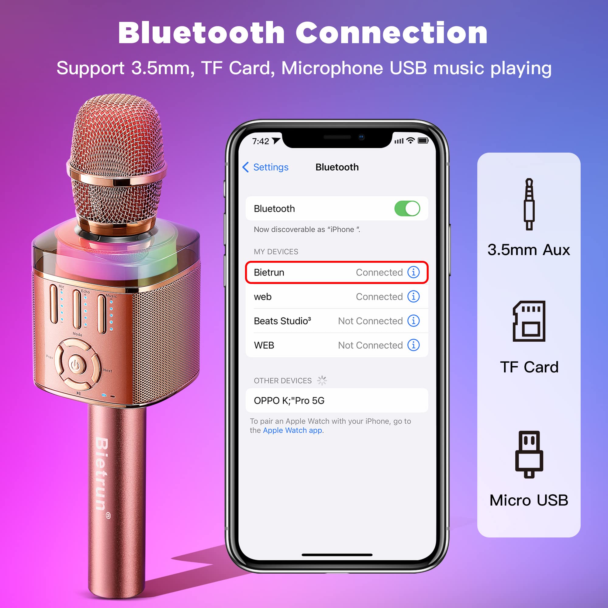 2 Pack Bluetooth Karaoke Microphone PMPO 20W, Portable Wireless Metal Handheld Cordless Dynamic Mic with RGB Lights, 8hrs Work Time,