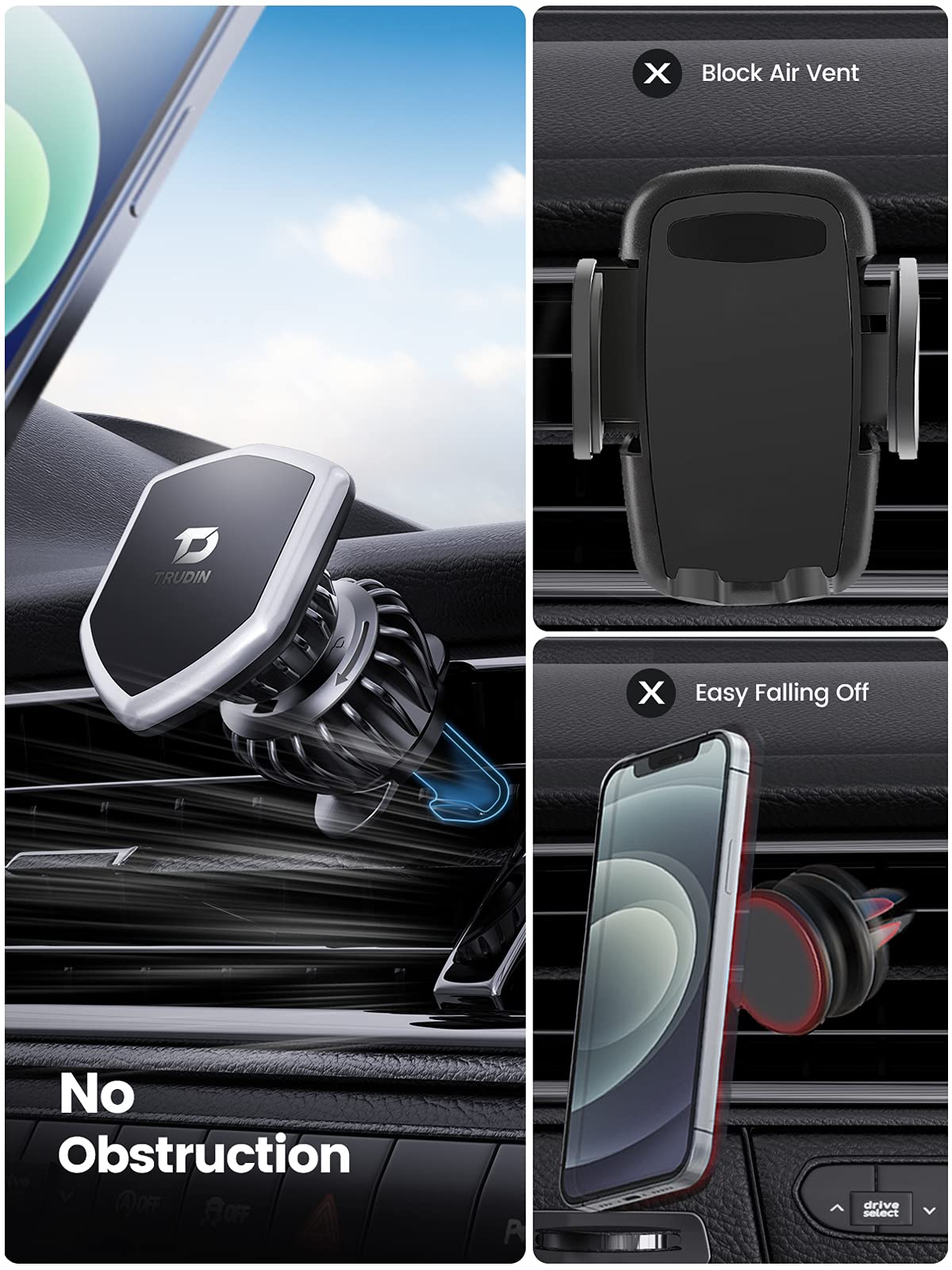 TRUDIN Magnetic Phone Holder for Car 2022 Upgraded,【Ultra Sturdy Vent Hook】 Hands-Free Car Phone Holder Mount【Sharp Turns & Bumpy Roads Friendly】 Compatible with iPhone, Samsung, All Smartphones
