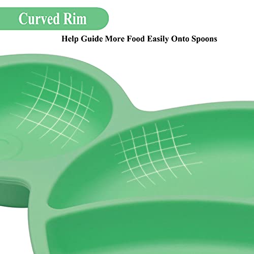 NICINGU Silicone Suction Plate spoon fork sets for Toddlers,Divided Plate Dish Placemat for Baby Kids Infant Self Feeding Training,Fits Most Highchairs, BPA Free Microwave Dishwasher Safe- Green