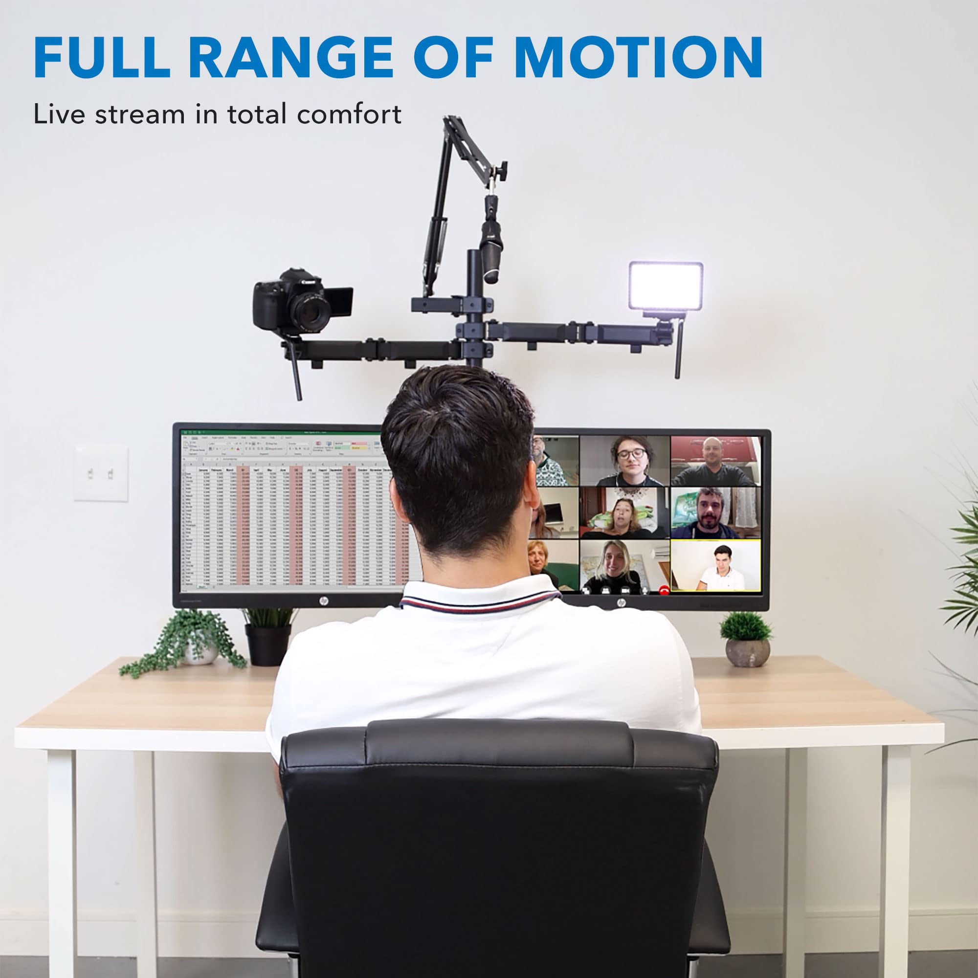 Mount-It! All in One Live Streaming Equipment | 5 Arm Streaming Desk Mount That Holds Dual Monitors, Cameras and Ring Light with Mic | YouTube Setup for Recording and Facebook Live Equipment