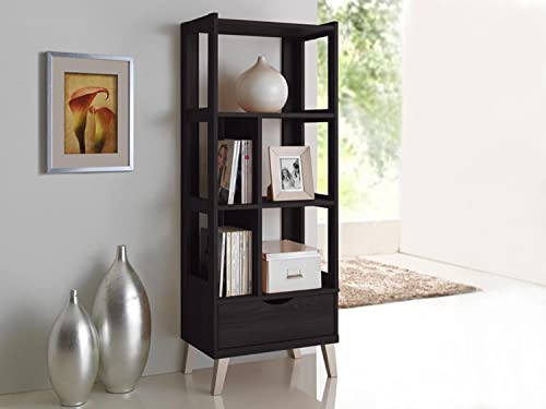 Baxton Studio Kalien Modern & Contemporary Wood Leaning Bookcase with Display Shelves & One Drawer, Dark Brown