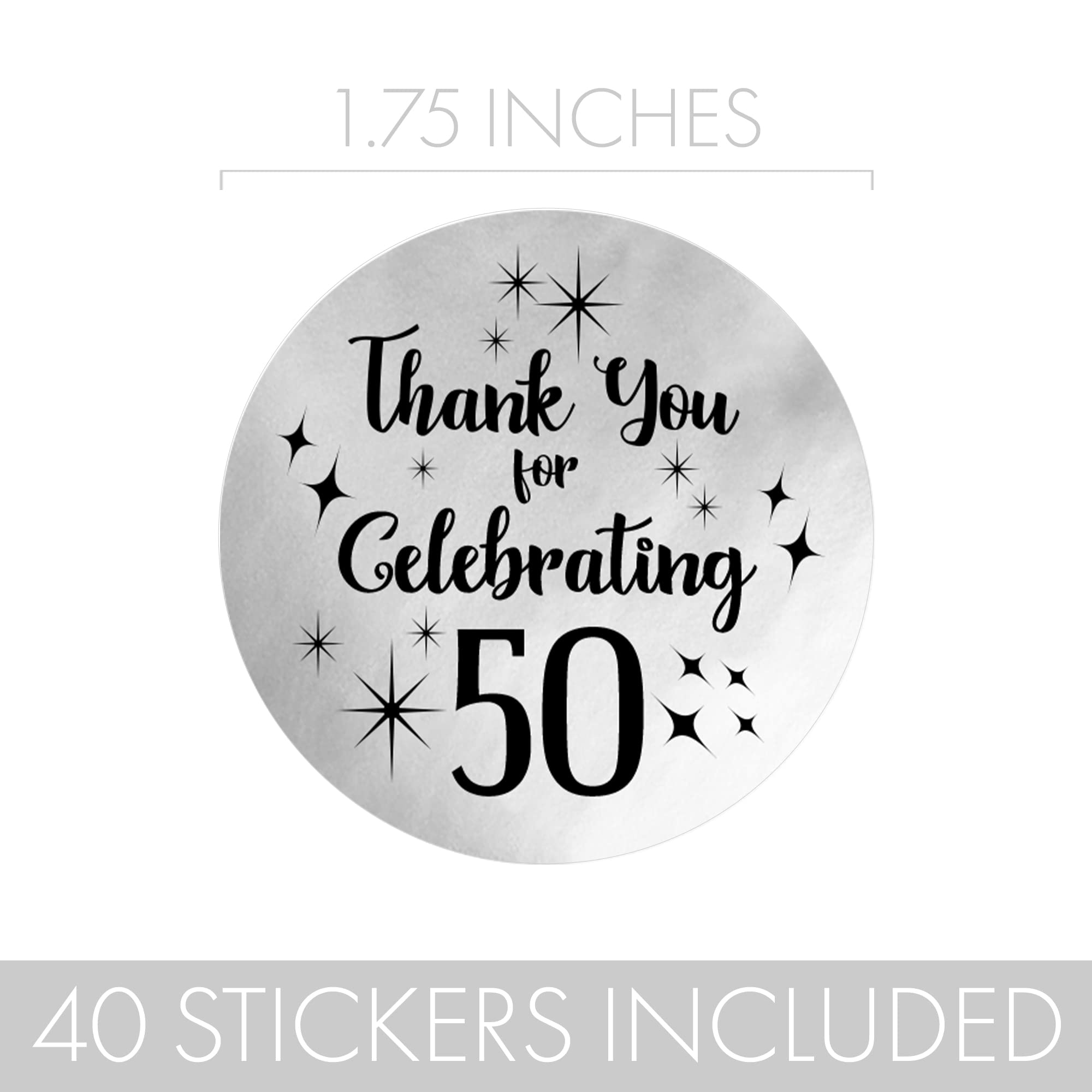 Black and Silver 50th Birthday Thank You Stickers - 1.75 in - 40 Labels