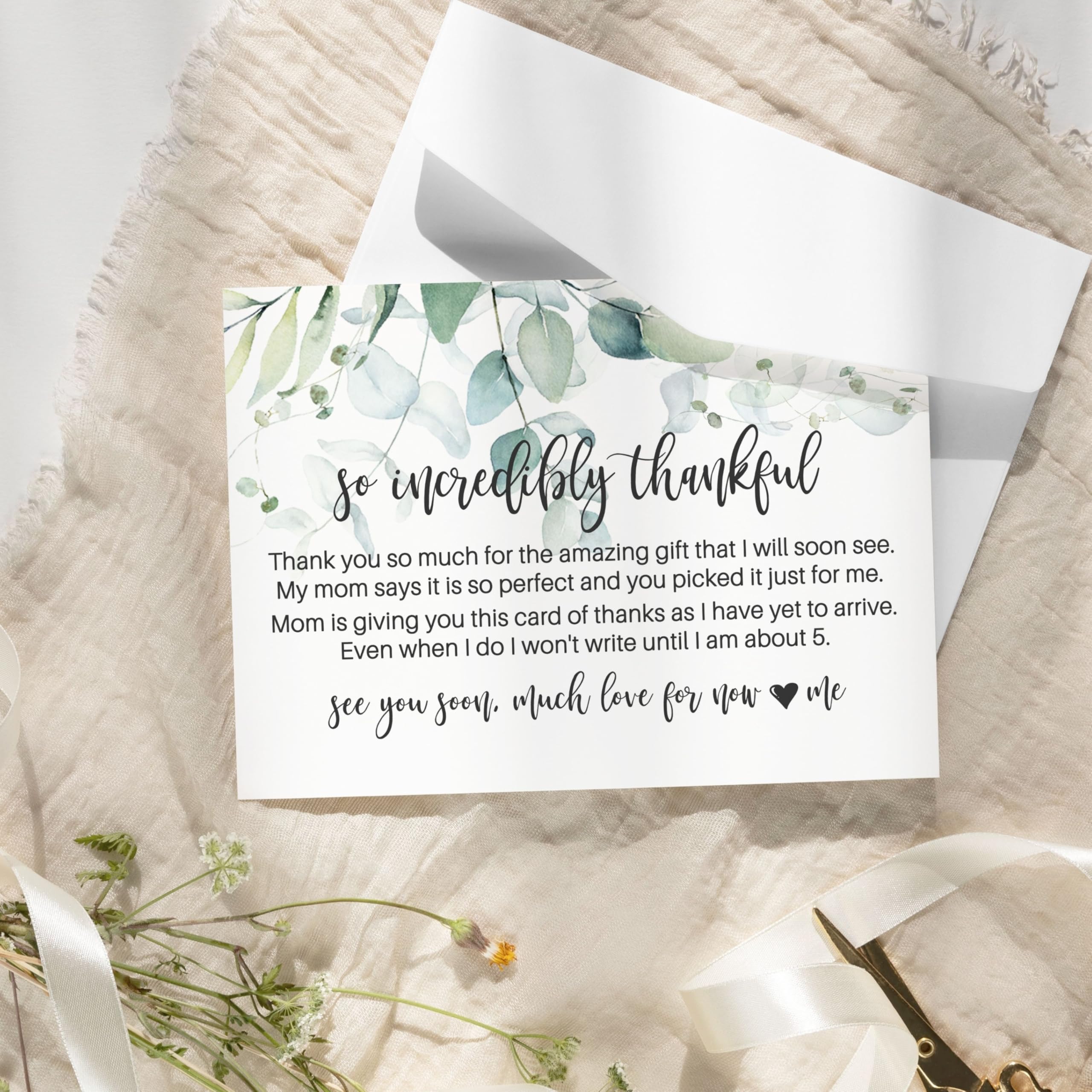 Paper Clever Party Greenery Baby Shower Thank You Cards with Envelopes - 25 Pack - 4x6 Blank Notes with Prefilled Message from Baby Girl - Rustic Eucalyptus Design Stationery Set