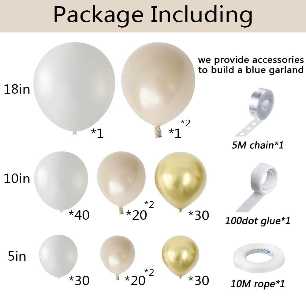 175Pcs Pearl White Double-stuffed Balloon Garland Kit, Pearl White Sand White Gold Balloons Arch for Boho Wedding Baby Bridal Shower Anniversary Birthday Party Decorations (Pearl White)