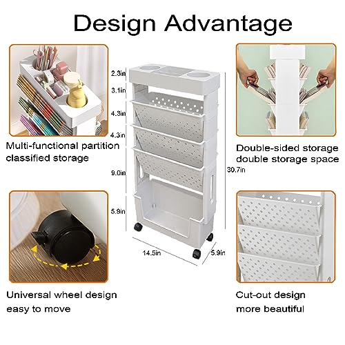 5 Tier Mobile Bookshelf, Removable Movable Unique Bookcase, Utility Organizer White Bookshelves with Wheels for Kids Children Students Study at Home School Bedroom Living Room