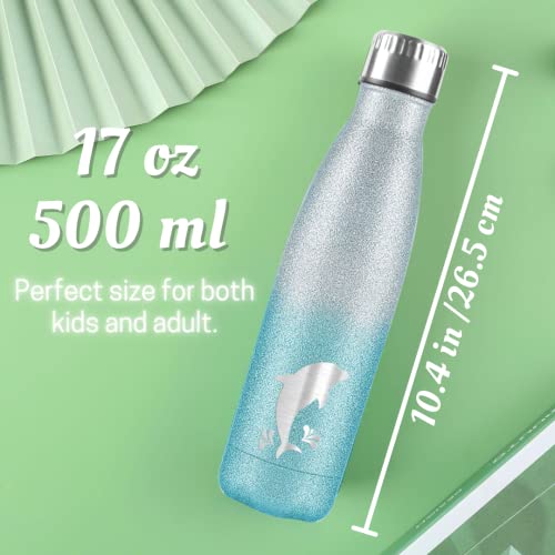 Onebttl Dolphin Gifts for Women, Dolphin Gifts For Christmas, Stainless Steel Glitter Bottle 17oz, Silver-Blue