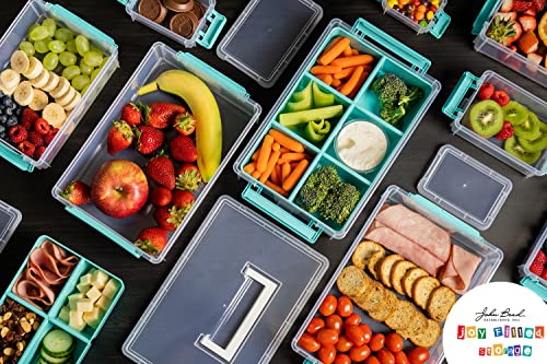 Joy Filled Storage - 3 Clear Stackable Containers with Handle and 6 Compartment Insert (10x7x2.5in) - with Turquoise Detail for Craft, Ideal for Food Storage and Organizing Containers