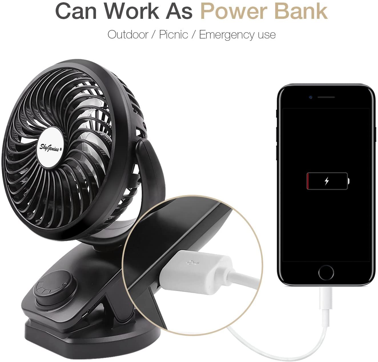 AJOYEUX Battery Operated Clip on Oscillating Fan - Max 40 Hours of Battery Life
