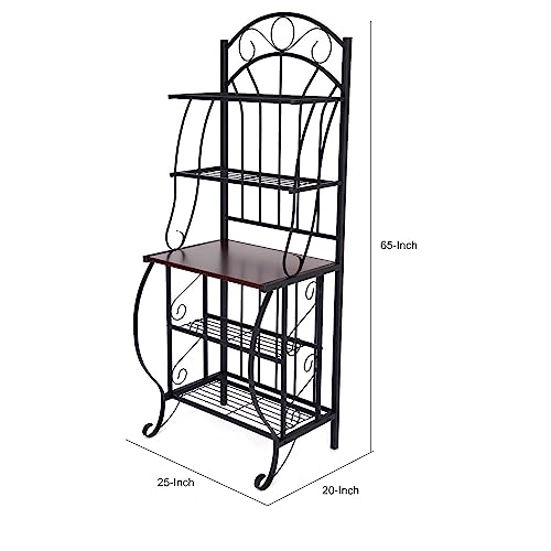 65 Inch 5 Tier Bakers Rack, Middle Wood Shelf, Carved Black Metal Frame
