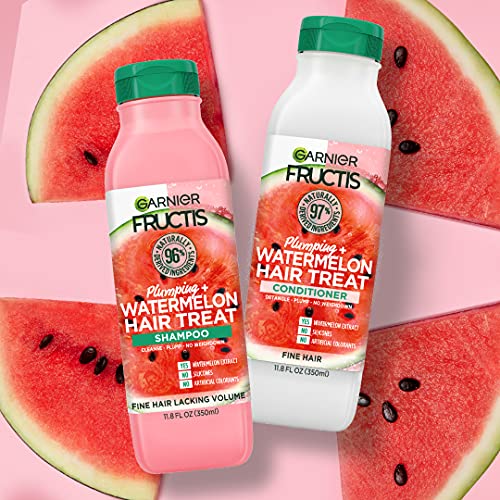 Garnier Fructis Plumping Shampoo and Conditioner Set for Volumizing and Moisturizing Fine Hair, Watermelon Extract, 11.8 oz each,Micellar Water Sample included