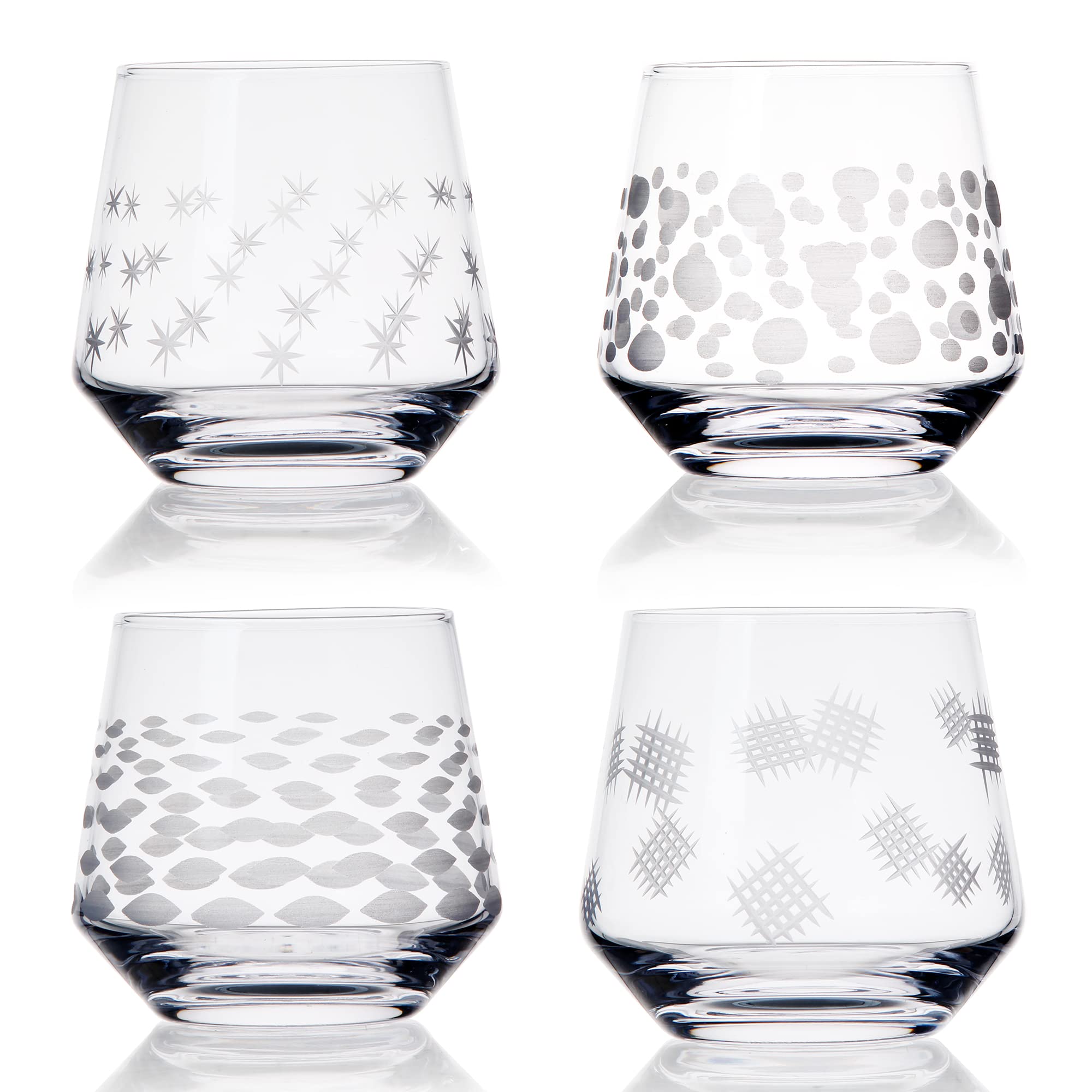 1917 Hand Blown Etched Stemless Wine Glasses set of 4-12.8oz, Wine Tumblers for Red and White Wine, Water Glasses, Drinking Glasses Gift Cup Sets