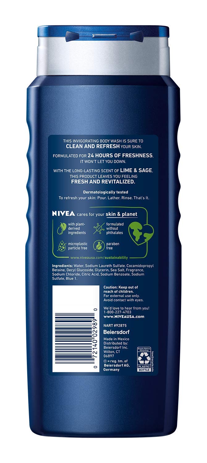 Nivea Men Vitality Body Wash, Lime and Sage Scented Body Wash, 3 Pack of 16.9 Fl Oz Bottle