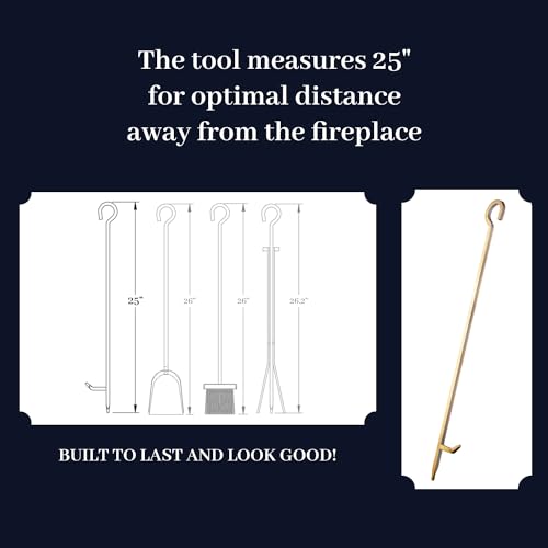 25" Brass Plated Iron Fireplace & Pit Poker, Fireplace Tool Accessory, Chimney Poker Indoor & Outdoor for Camping, Rust Resistant Finish with a Golden Touch, Fireplace Brush