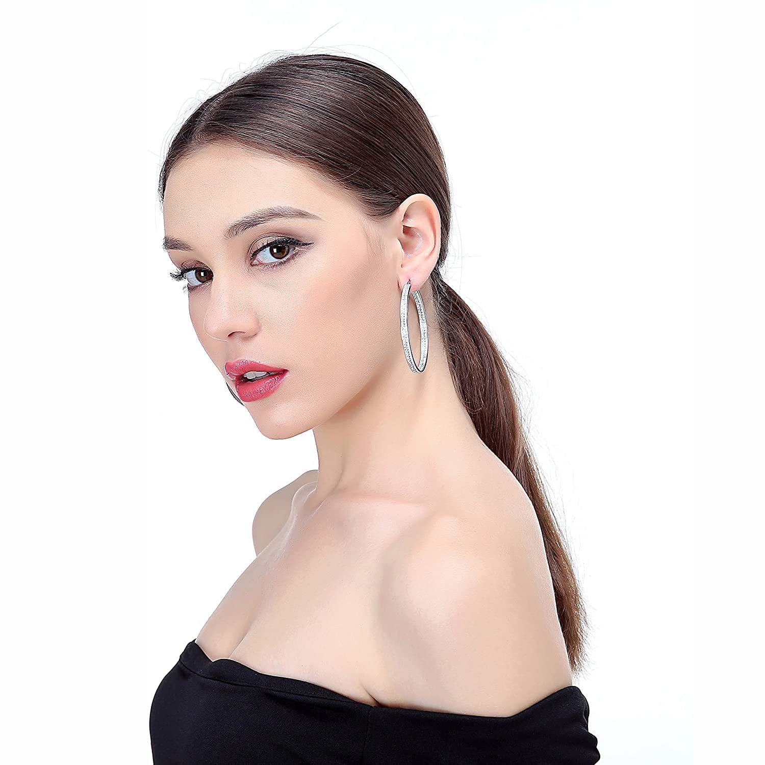 18K White Gold plated Inside-Out Hoop Earrings with Clear CZ 45mm