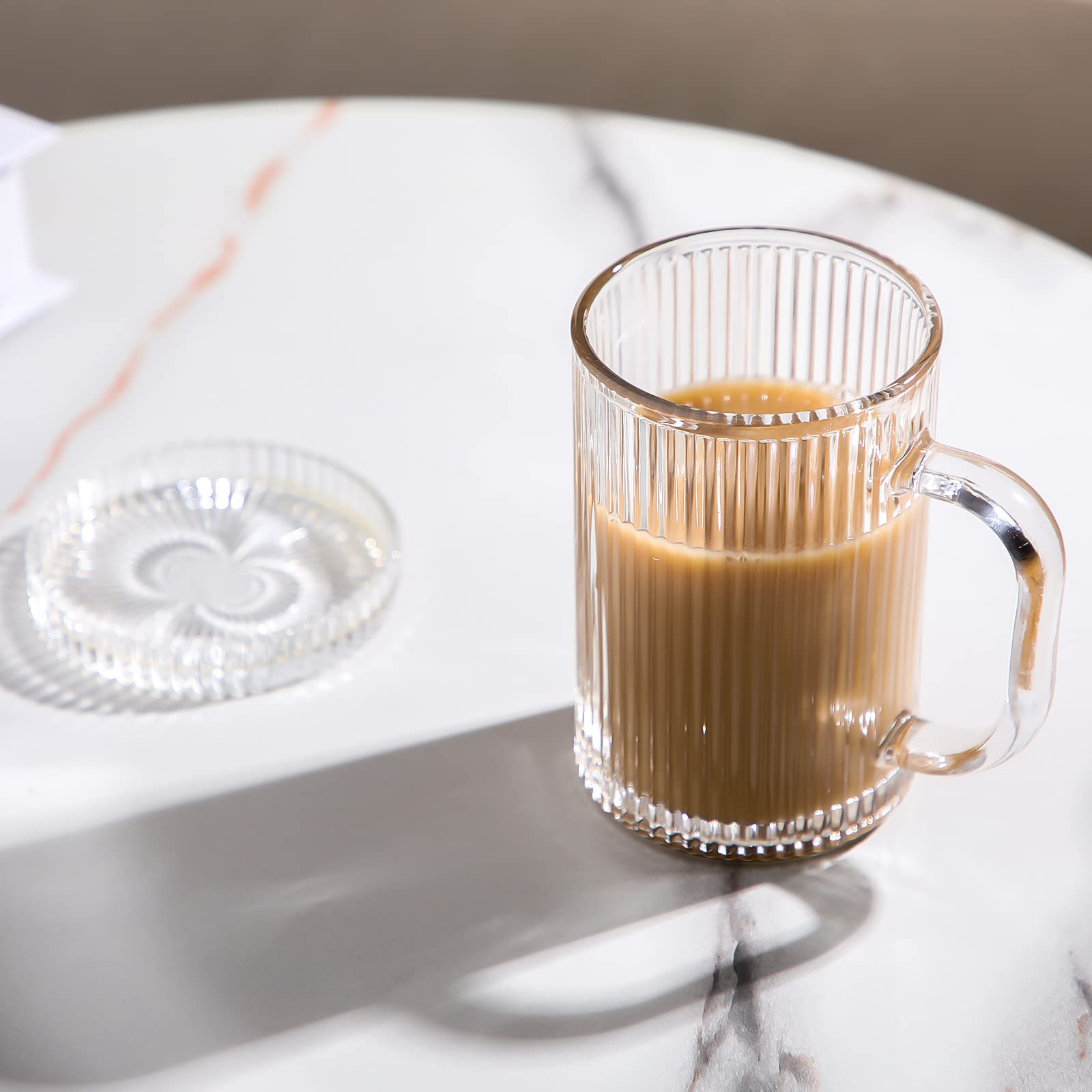 2 Pieces Clear Glass Coffee Mugs with Glass Lids Vintage Vertical Stripes Tea Mug Classic Ribbed Glasses with Handles Clear Coffee Cups for Espresso Latte Anniversary Xmas 14 oz (Clear)