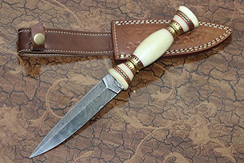 11" Custom made Hand Forged Damascus steel Dagger hunting Knife, Round grip Camel Bone scale crafted with engraved brass spacer, Cow hide Leather Sheath included with belt loop